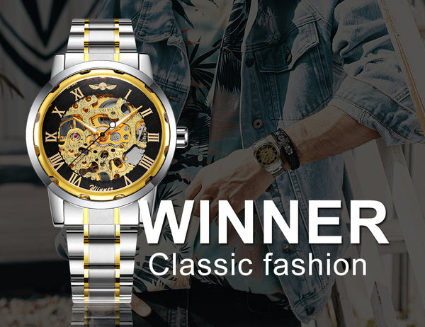 WINNER Classic Gold Skeleton Mechanical Watch for Men Luminous Hands S ...