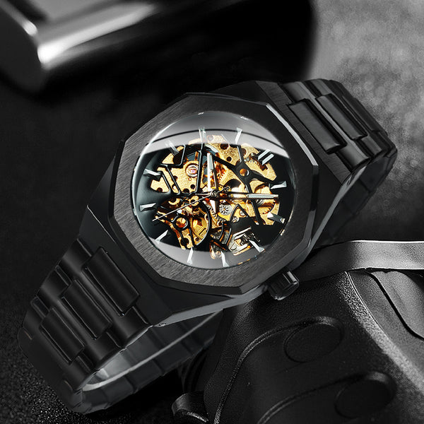 Black Gold Skeleton Automatic Mechanical Mens Watches TM344G Luxury WI ...