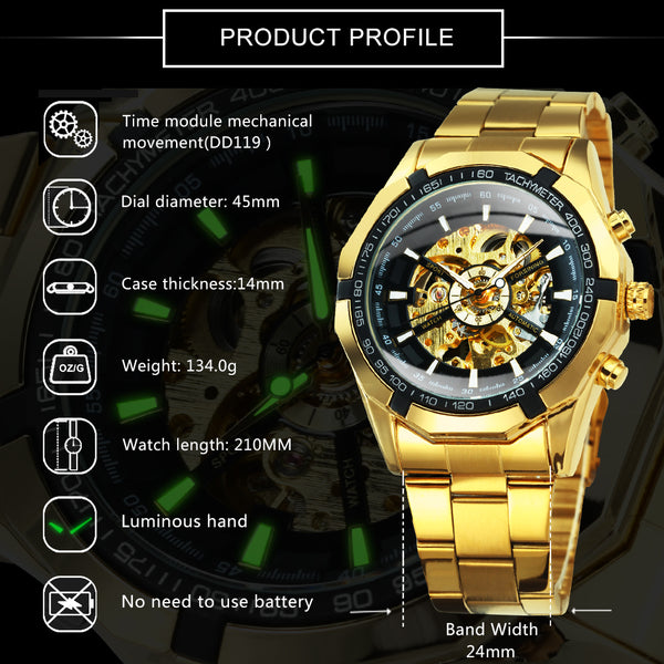 WINNER Classic Skeleton Automatic Mechanical Gold Watch for Men TM340 ...