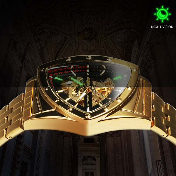 WINNER Triangle Skeleton Gold Black Watch for Men Automatic Mechanical ...